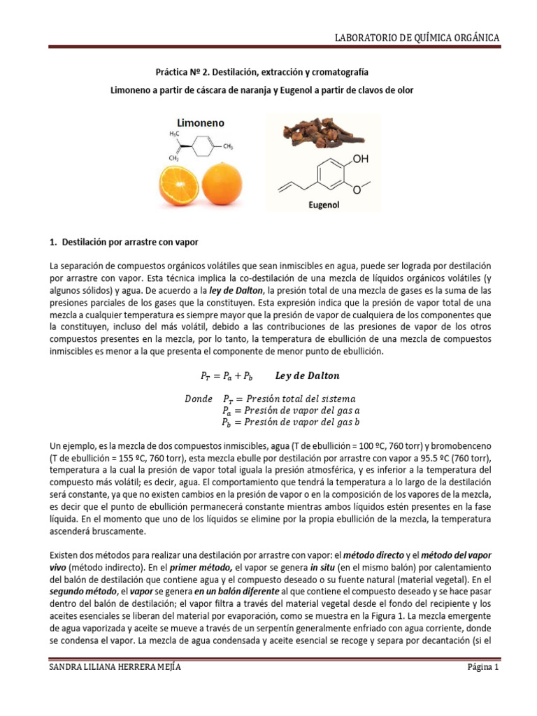 Destilación y Extracción de Limoneno y Eugenol | PDF | Cromatografía | Destilación