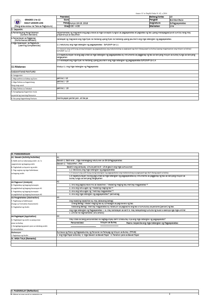 Modyul 1 DLL EsP G10 | PDF