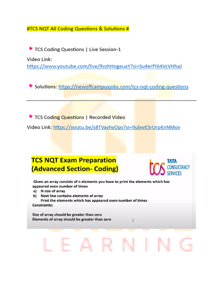 TCS NQT Coding Questions, Videos & Solutions Total 134 Sessions | PDF ...
