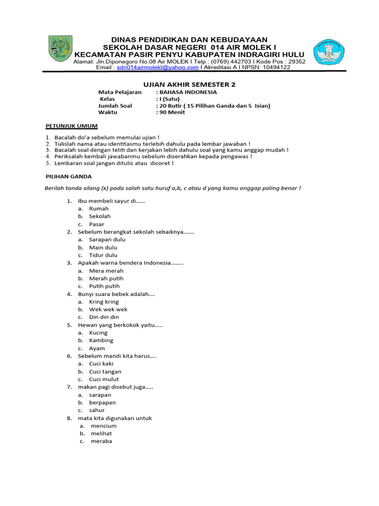 Soal Ujian Uas Kels 1 | PDF