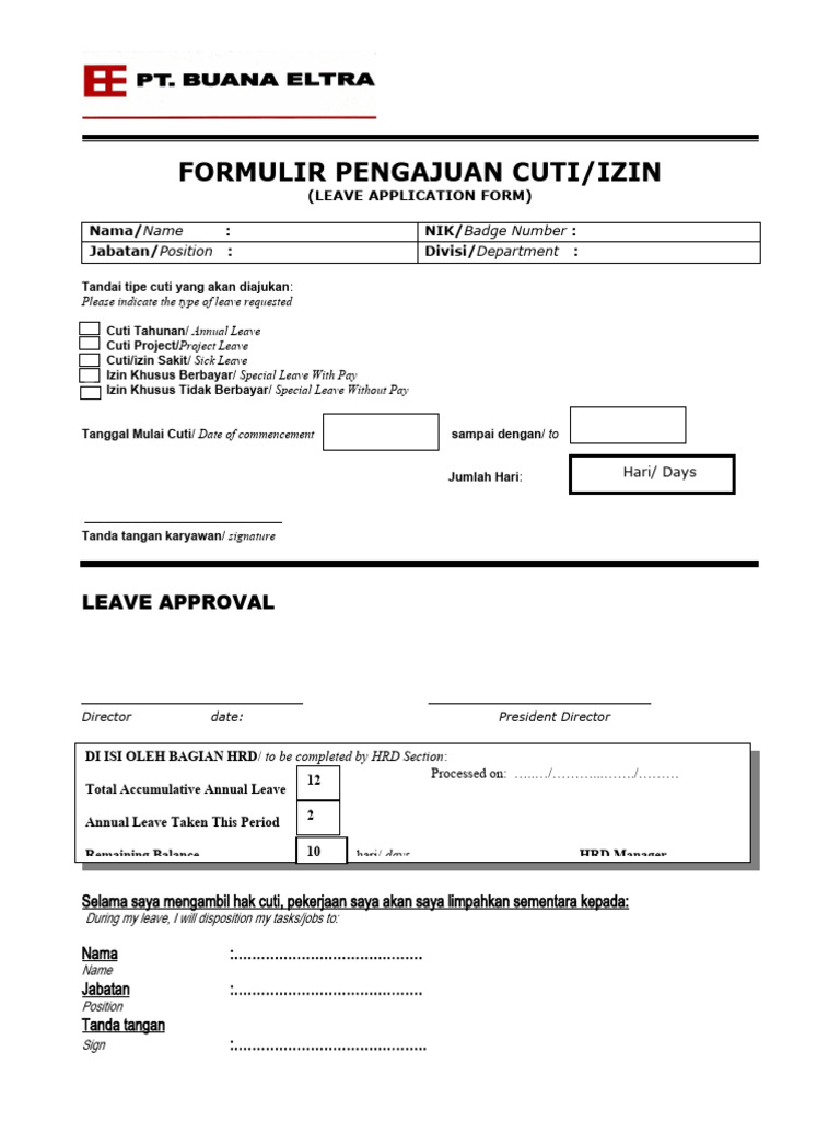 Form Cuti (Leave Application) - Manager | PDF