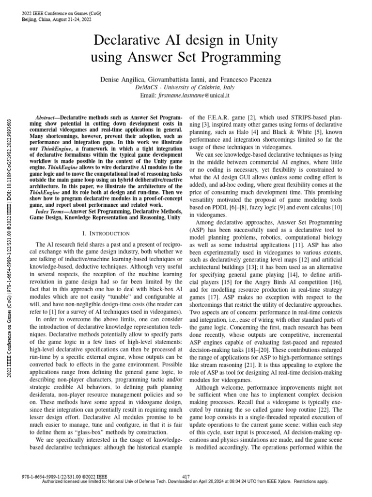 Declarative AI Design in Unity Using Answer Set Programming | PDF | Artificial Intelligence ...