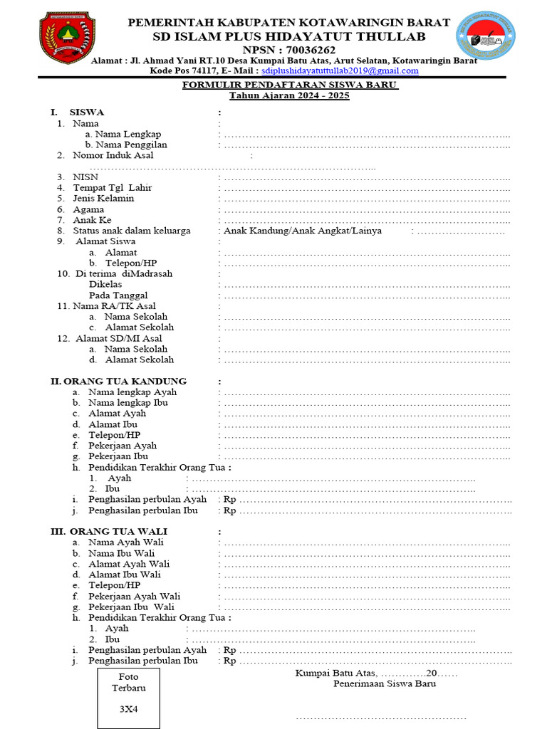 Formulir Pendaftaran SD Islam 2024 | PDF