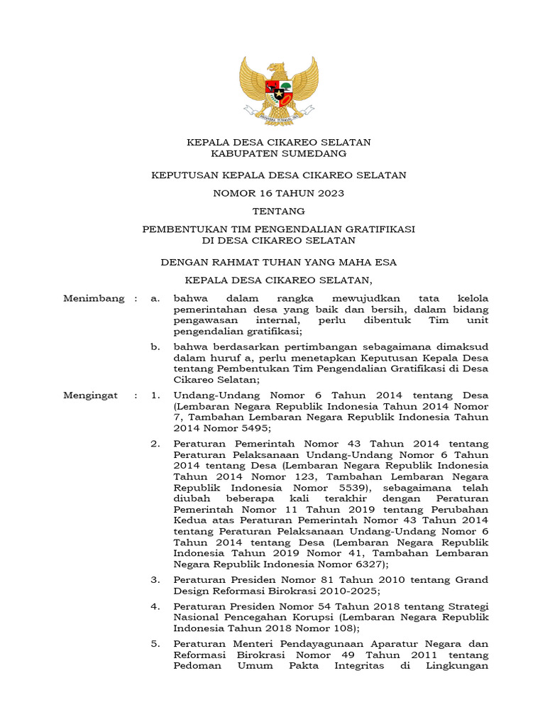 16 Sk Pembentukan Tim Pengendalian Gratifikasi Desa Cikareo Selatan ...
