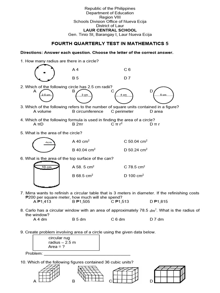 PT Mathematics 5 q4 | PDF | Volume | Area
