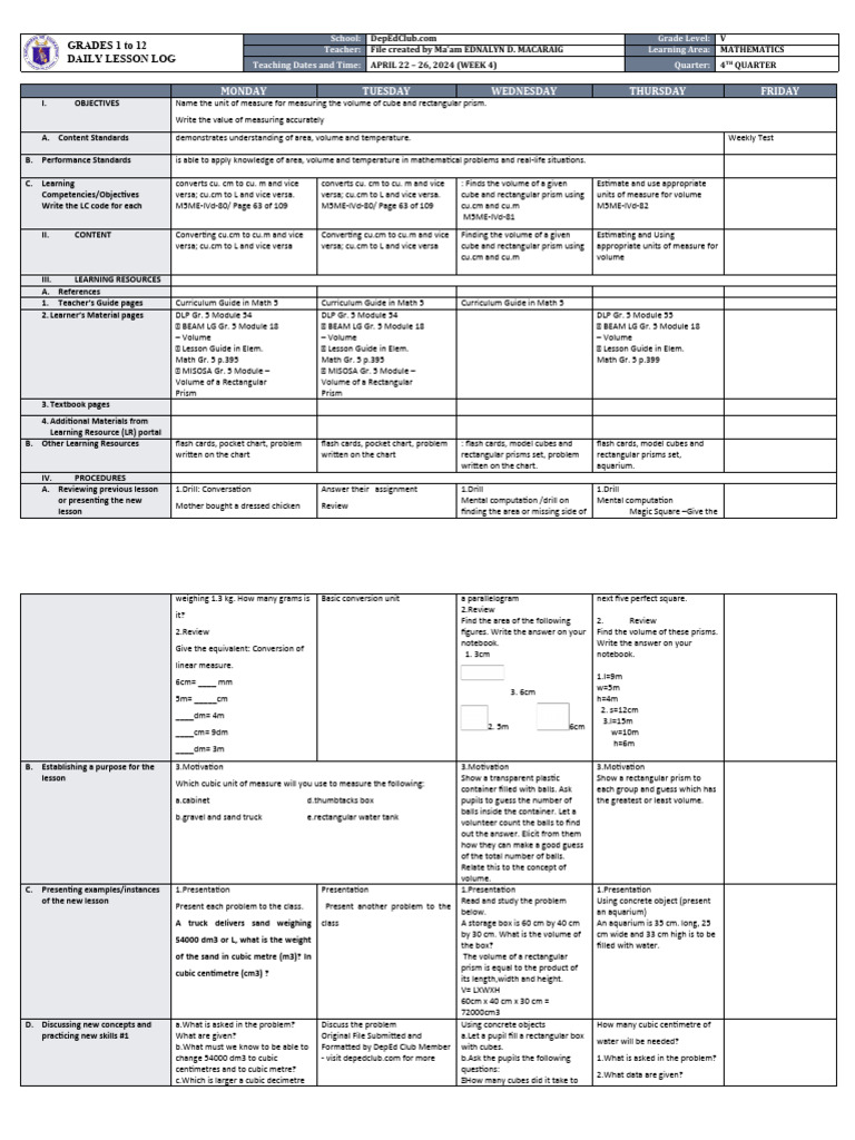 DLL Mathematics 5 q4 w4 | PDF | Volume