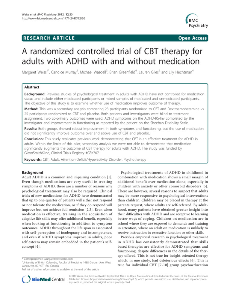 A Randomized Controlled Trial of CBT Therapy For Adults With ADHD With and Without Medication ...