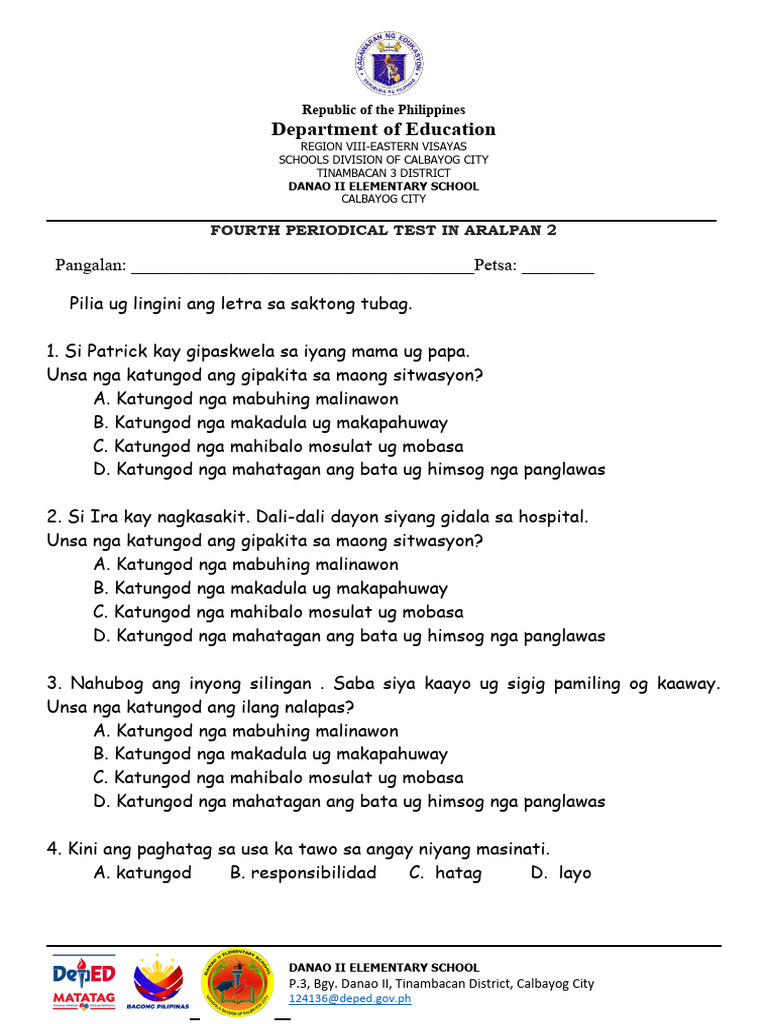 4th Quarter Exam Grade 2 AP2 | PDF