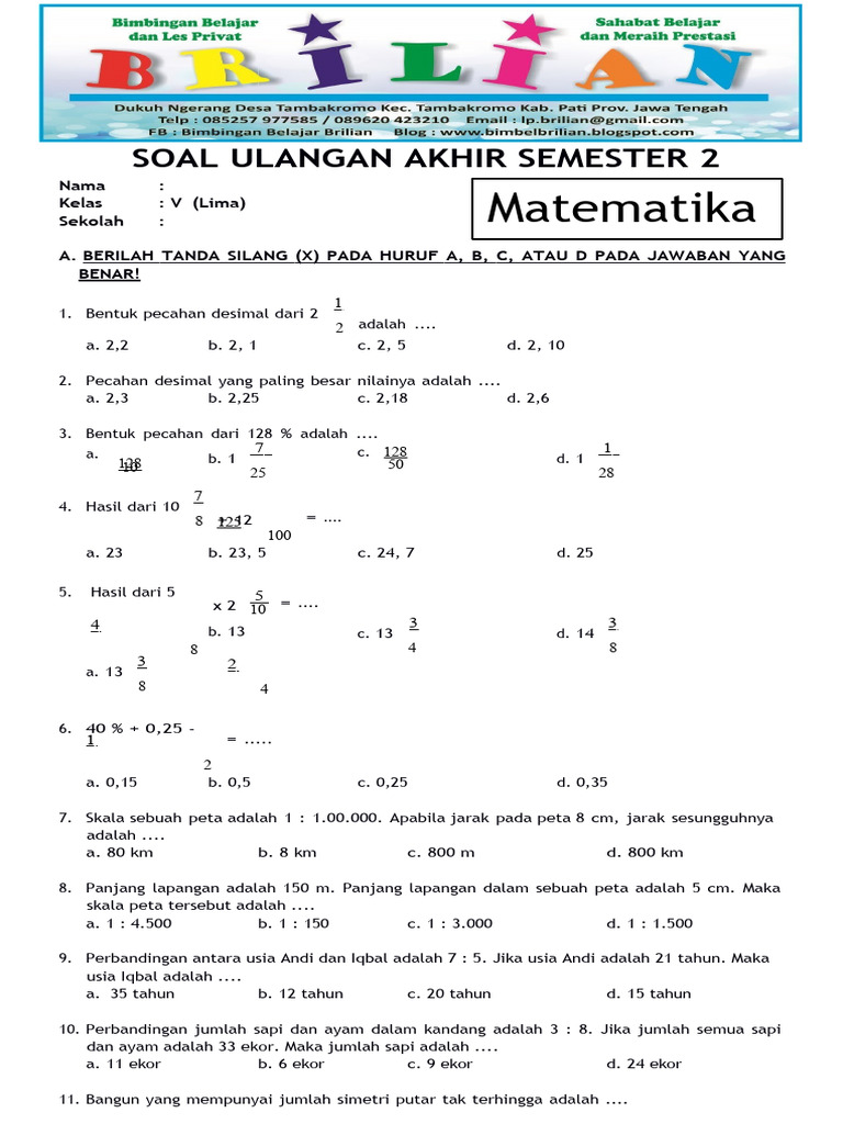 Soal UAS Matematika Kelas 5 SD Semester 2 Dan Kunci Jawaban PDF | PDF | Metode & Bahan Ajar