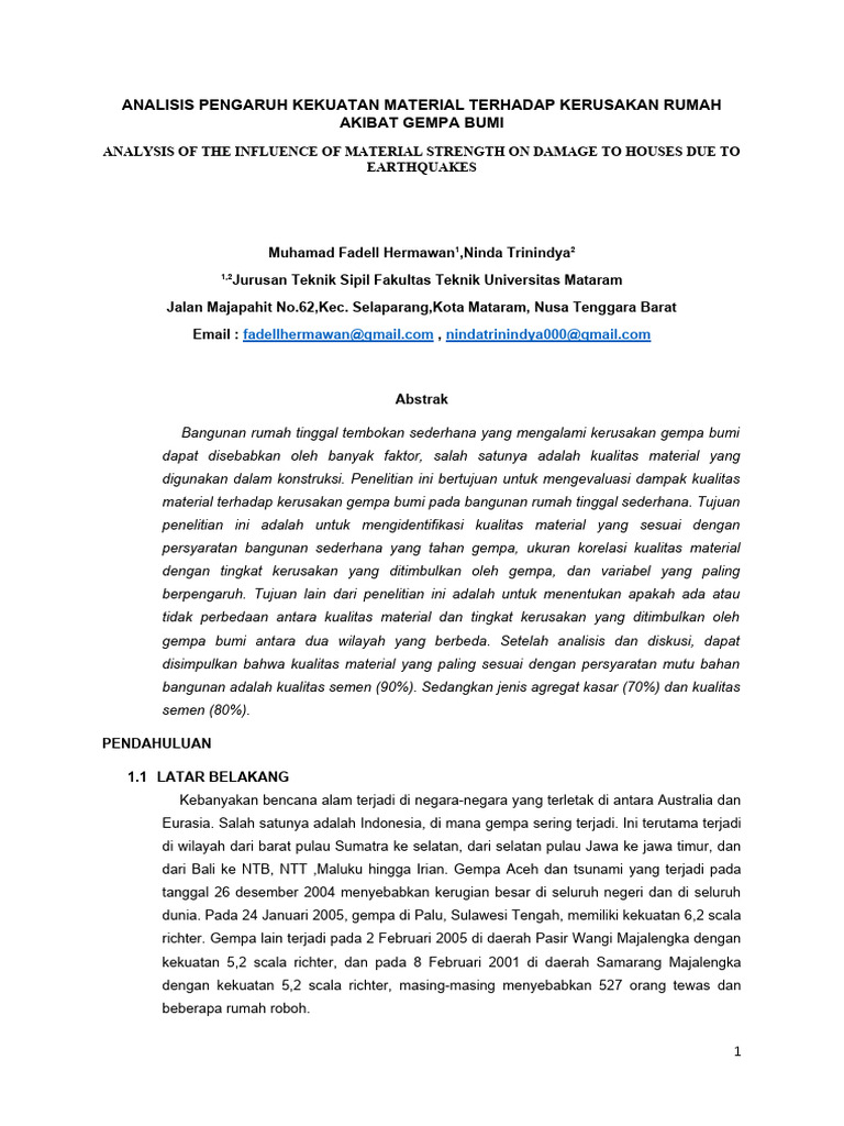Analisis Pengaruh Kekuatan Material Rumah Sederhana THD Gempa Bumi | PDF