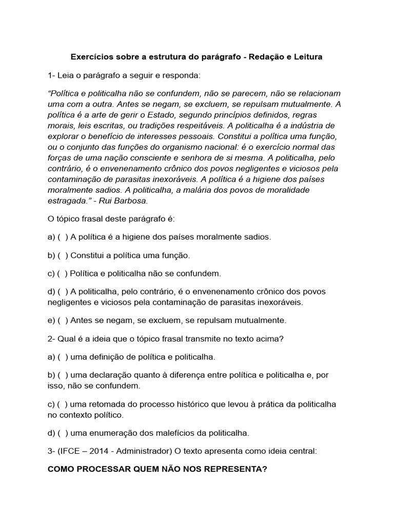 Exercícios Sobre A Estrutura Do Parágrafo - Redação e Leitura | PDF ...