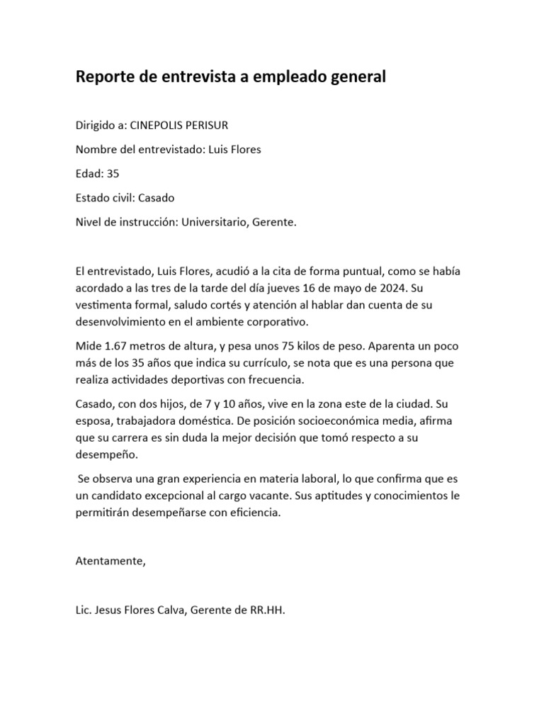 Reporte de Entrevista A Empleado General | Descargar gratis PDF ...