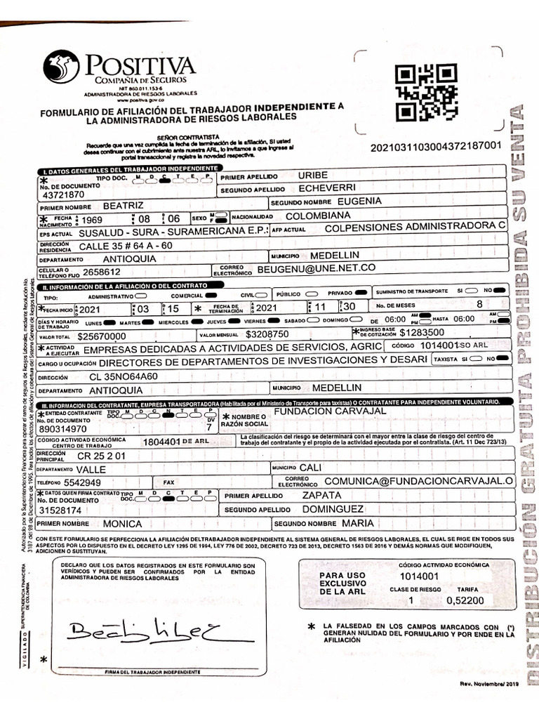 Formulario de Afiliación ARL POSITIVA BEUE | PDF