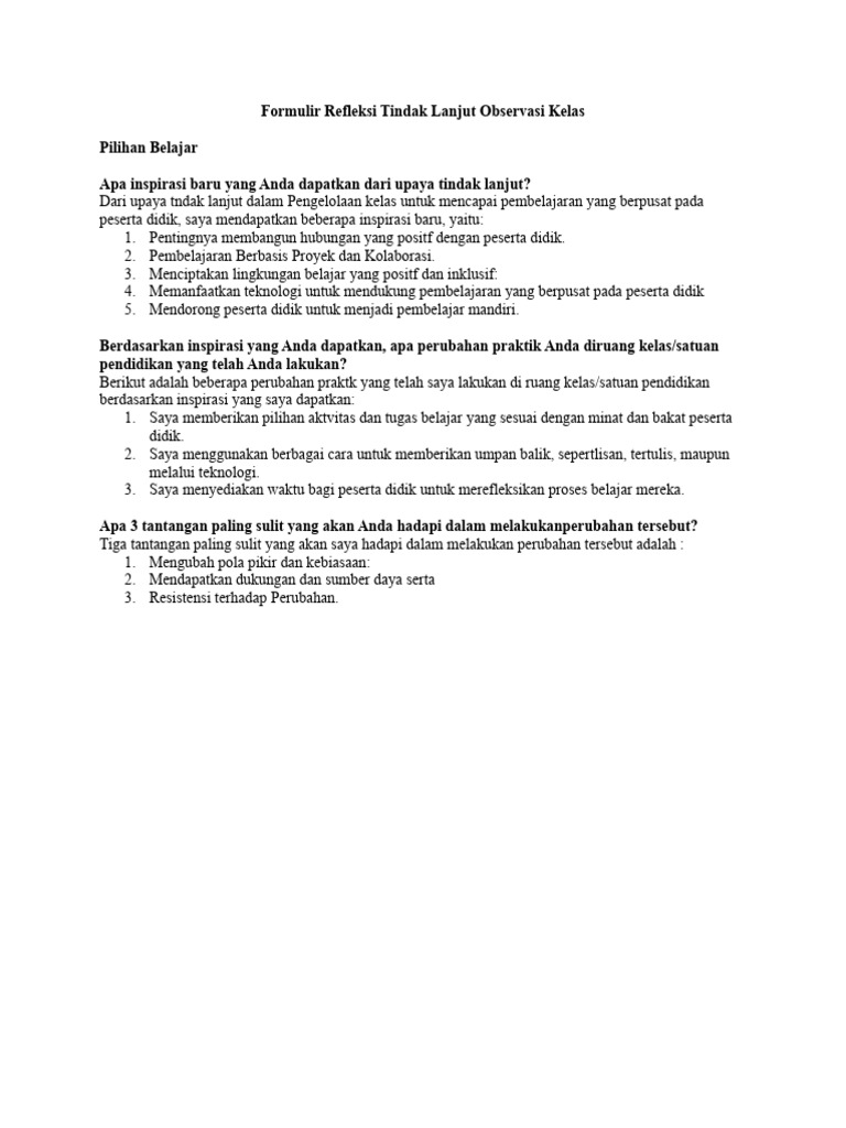 Formulir Refleksi Tindak Lanjut Observasi Kelas | PDF