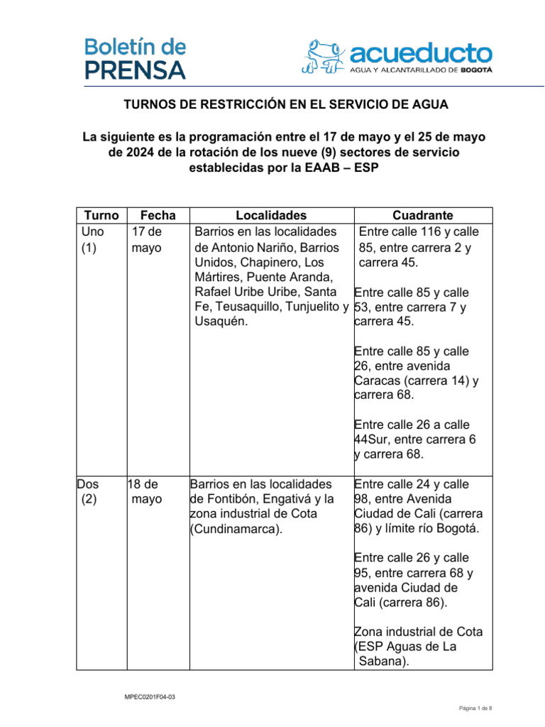 Documento Turnos de Racionamiento de Agua en Bogotá 17 Al 25 de Mayo ...