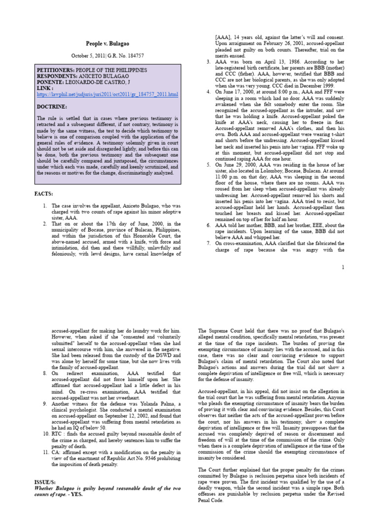 Case Digests | PDF | Insanity Defense | Burden Of Proof (Law)