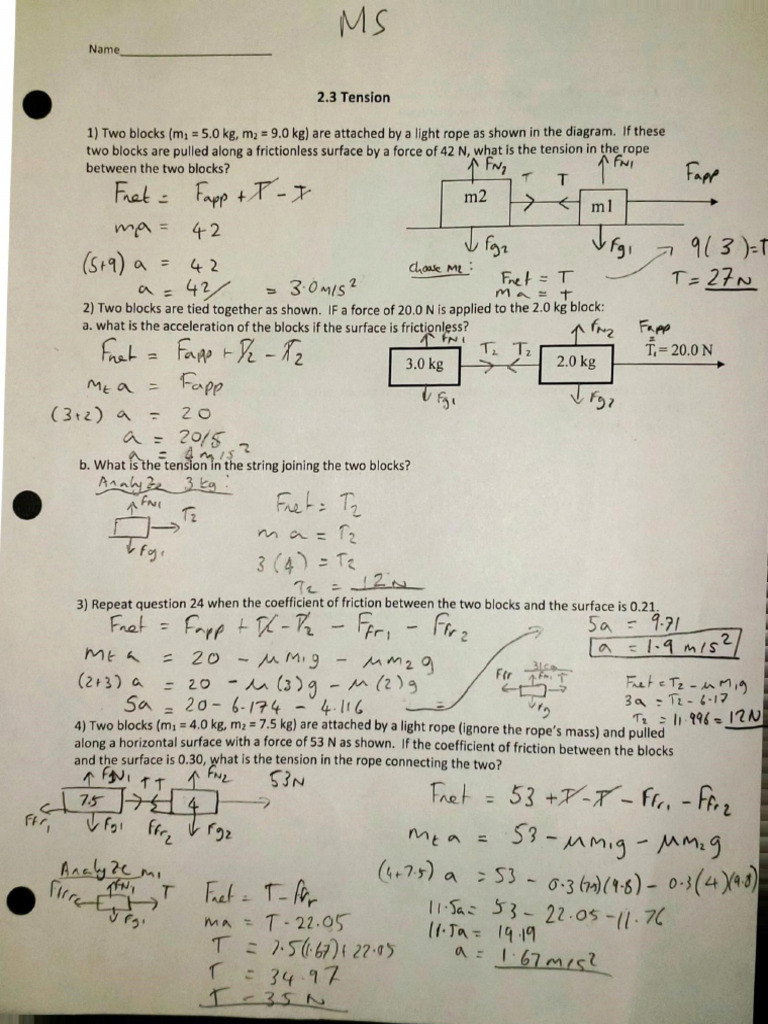 2.3 Tension Worksheet Solutions | PDF | Tension (Physics) | Force