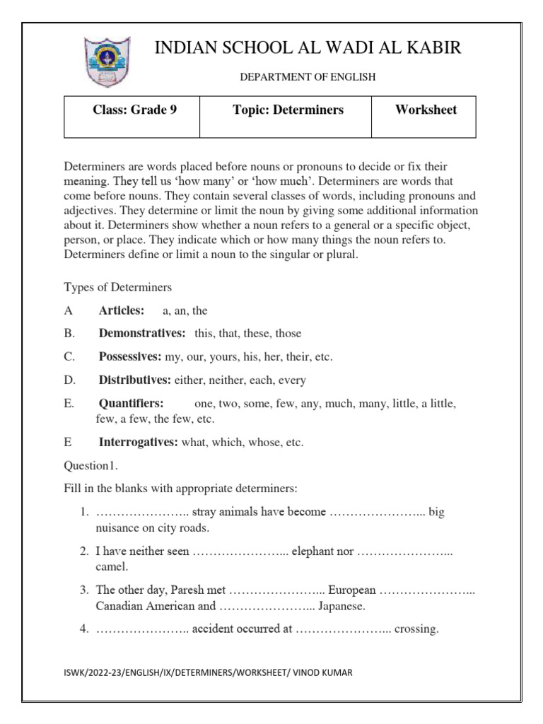 Determiners Worksheet for Grade 9 | PDF | Noun | Semantic Units