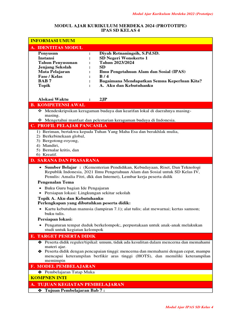 BAB 7 - MA IPAS Kls 4 (Datadikdasmen - Com) New Diah PDF | PDF | Karier & Perkembangan