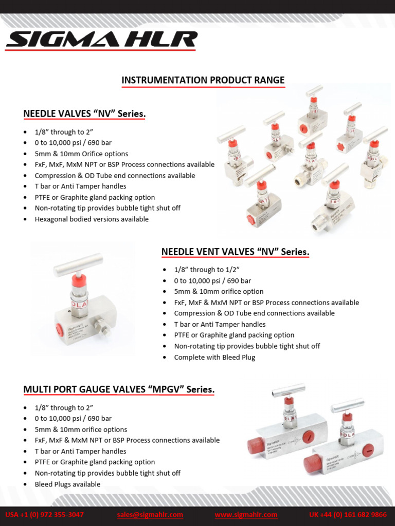 SigmaHLR Instrumentation Valves Range FCV | PDF | Valve | Pipe (Fluid ...