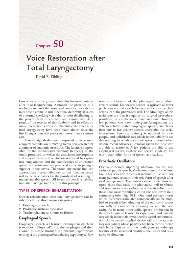 Voice Restoration After Total Laryngectomy | PDF | Speech