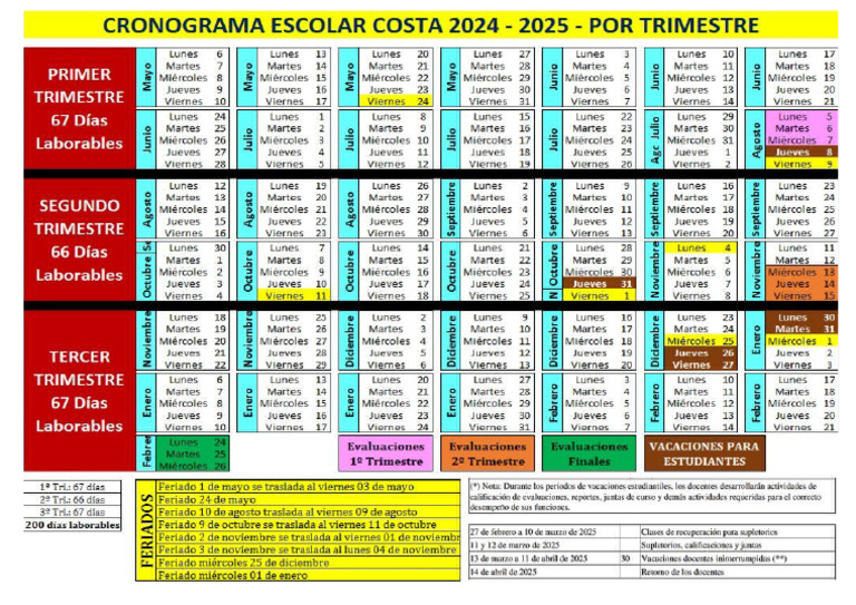 Cronograma Escolar Costa 2024-2025 | PDF
