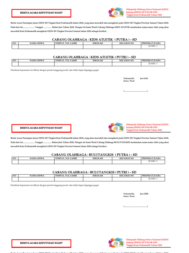 Berita Acara Juara O2sn SD 2023 Untuk Tingkat Provinsi | PDF