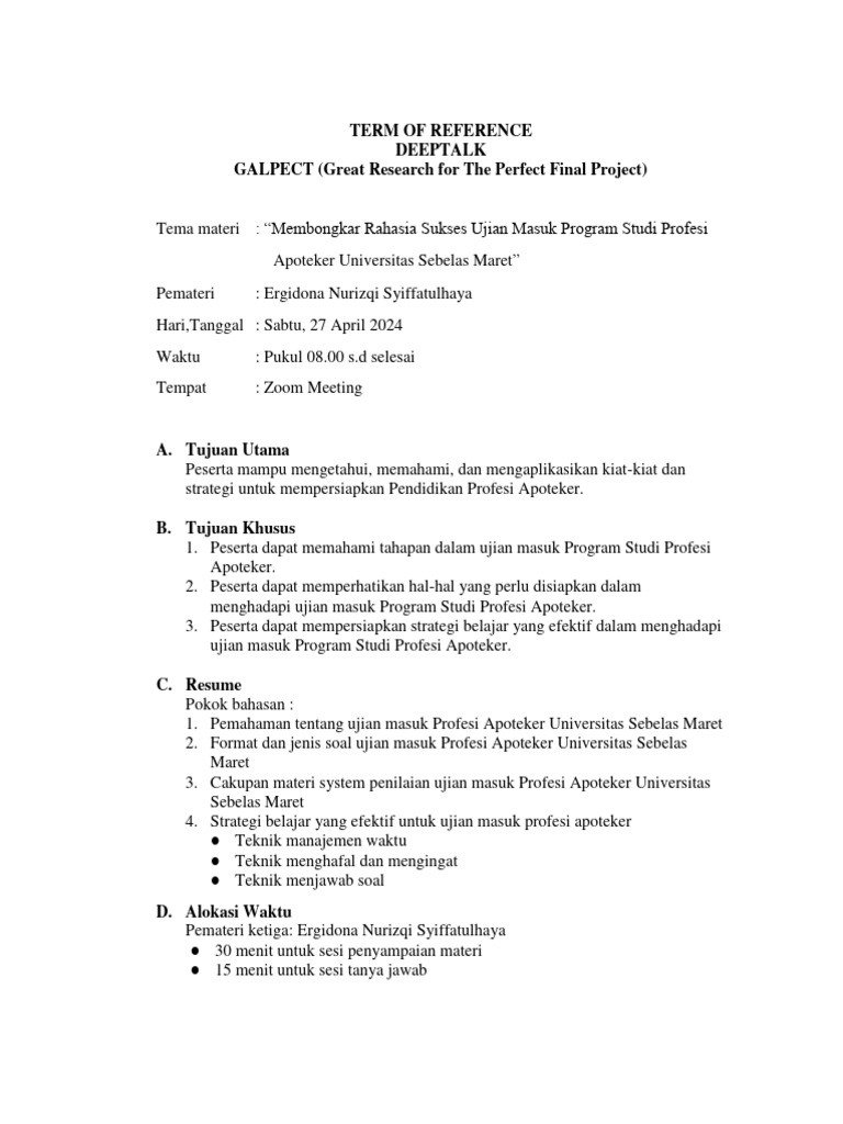 TERM OF REFERENCE (TOR) Pemateri 3 | PDF