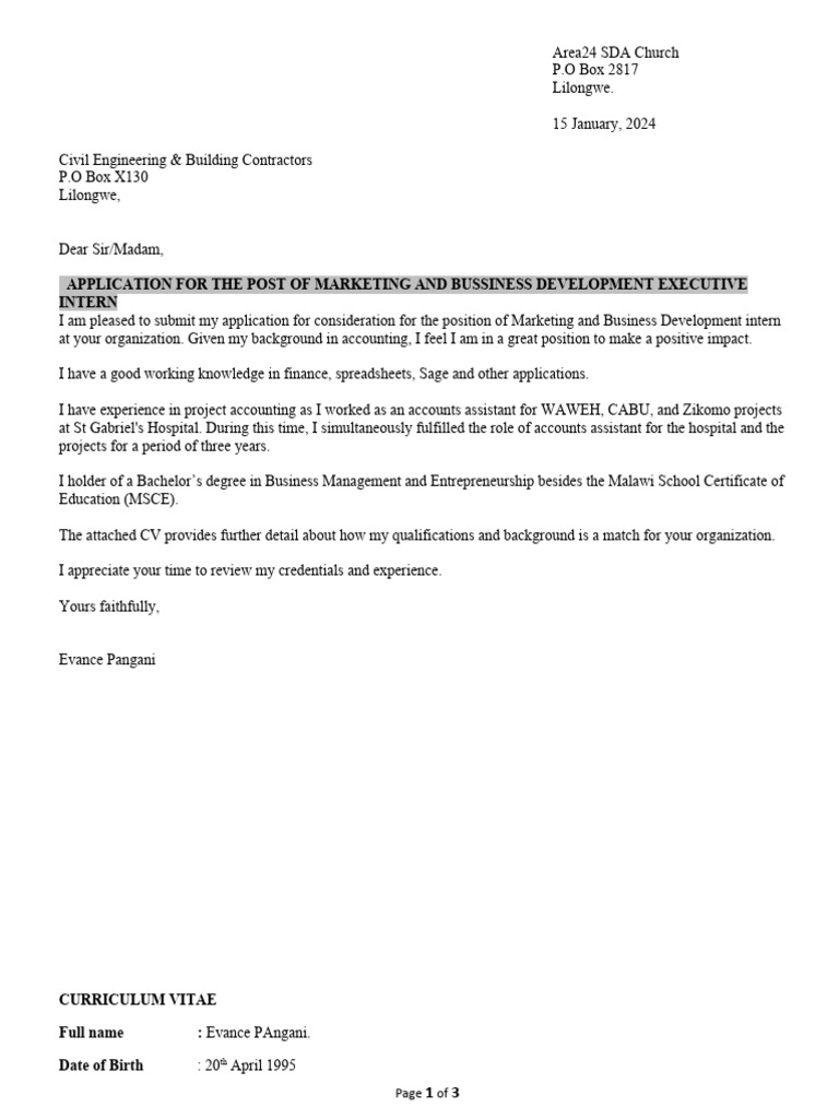Evance Pangani - Application Letter - CV | PDF | Business
