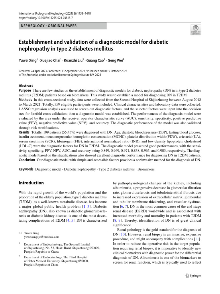 Establishment and Validation of A Diagnostic Model For Diabetic ...