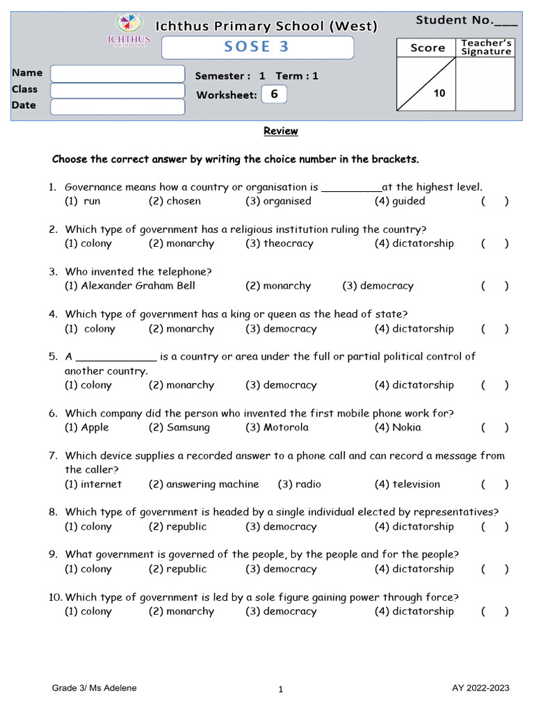Worksheet 6 - SOSE 3 Review | PDF | Dictatorship | Telephone