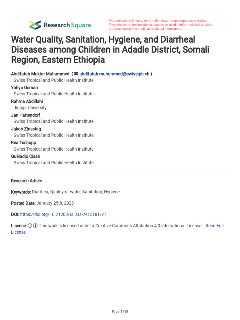 Water Quality & Child Diarrhea in Ethiopia | PDF | Diarrhea | Drinking ...