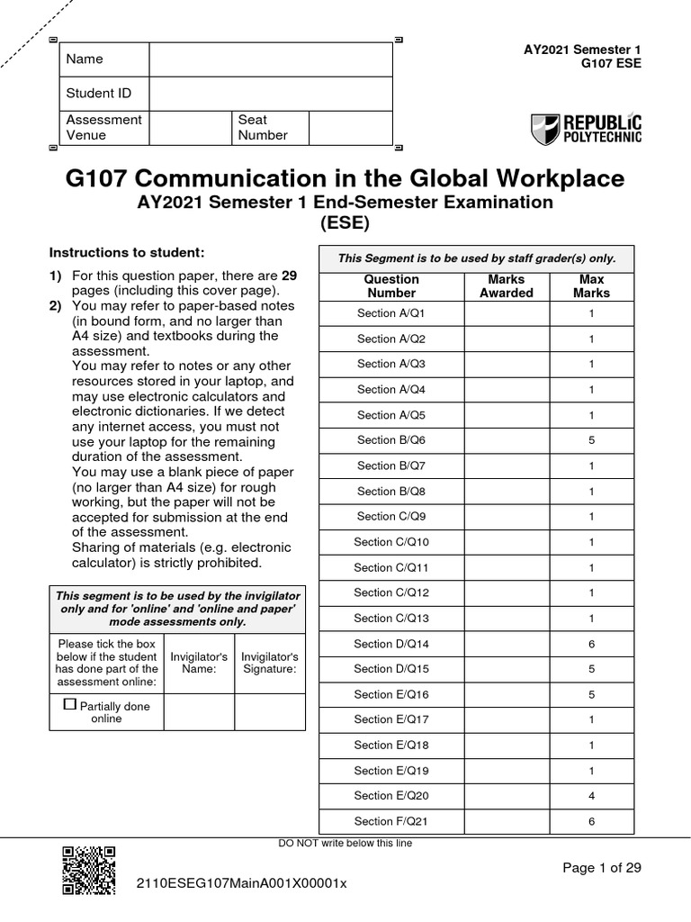 G107 Communication Exam AY2021 Semester 1 | PDF | Nonverbal ...