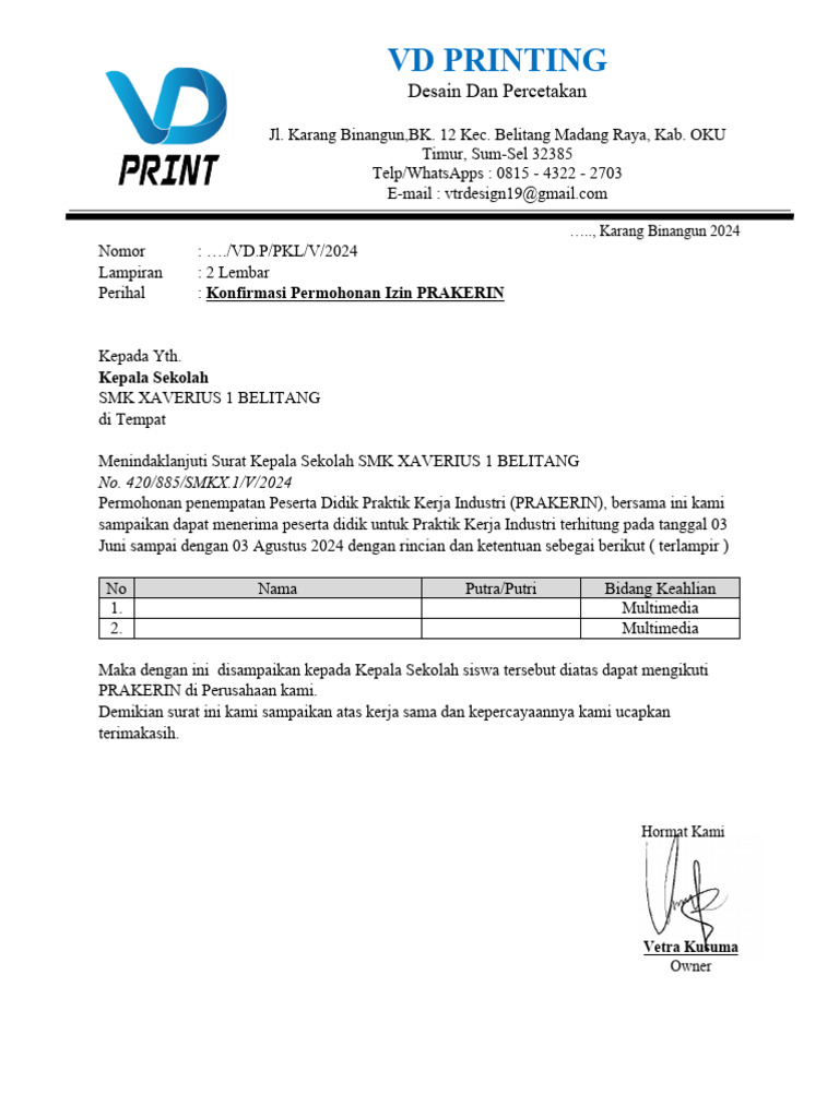 Surat Penerimaan PKL | PDF