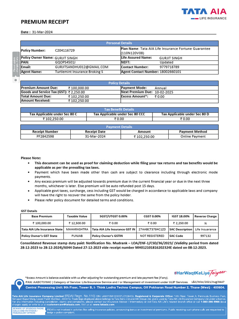 Premium Receipt: Personal Details | PDF | Insurance | Life Insurance
