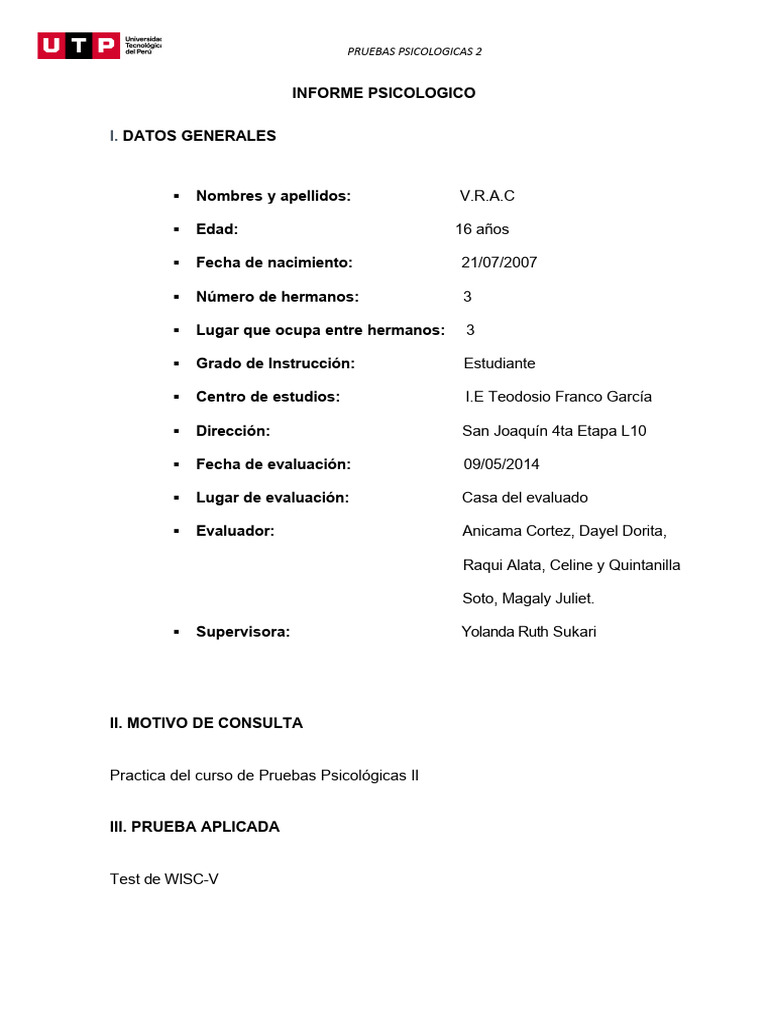 S08 - s1 - Material INFORME PSICOLOGICO (1) (Recuperado Automáticamente) | PDF | Cociente de ...