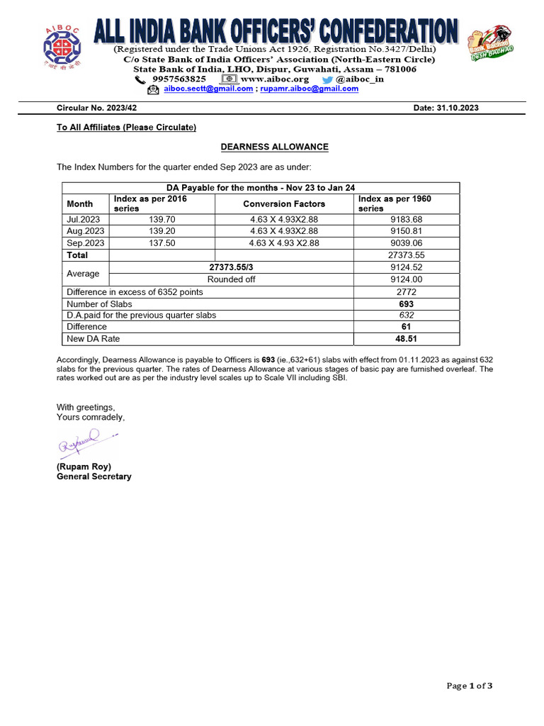 42 - 2023 - Aiboc - Revision in Dearness Allowance | PDF | Expense ...