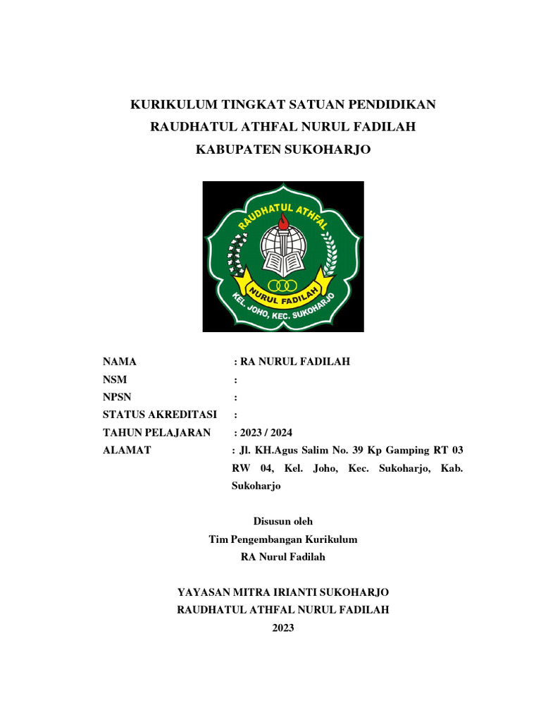 KURIKULUM RA Nurul Fadilah KTSP 2023-2024 | PDF | Karier & Perkembangan ...