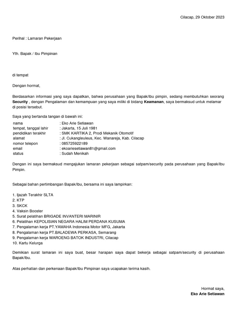 Surat Lamaran Kerja Eko Arie Setiawan | PDF