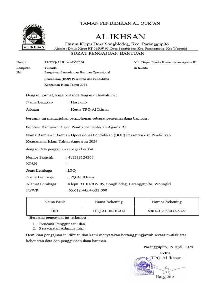 Permohonan BOP TPQ 2024 | PDF | Pengelolaan Keuangan & Uang | Ilmu Sosial