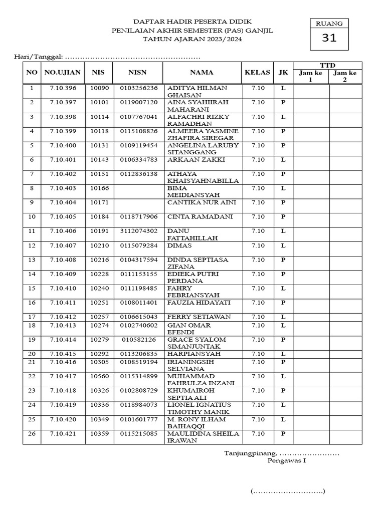 Absensi Ruang 31 | PDF