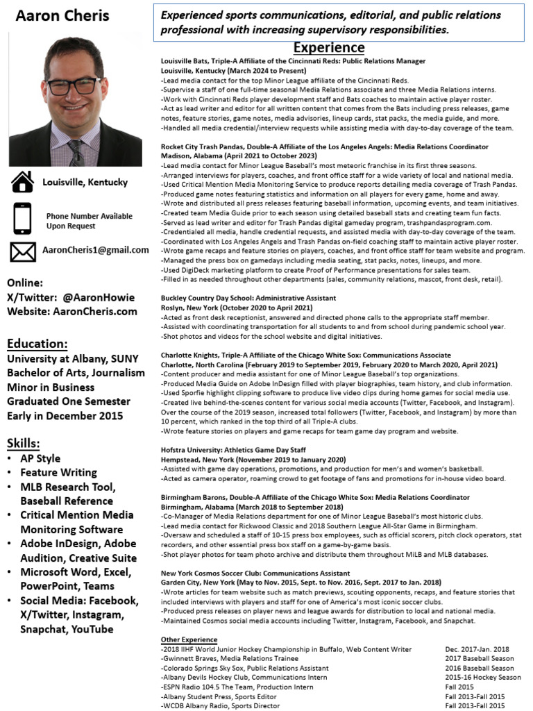 Aaron Cheris - Resume 2024 | PDF | Minor League Baseball | Social Media