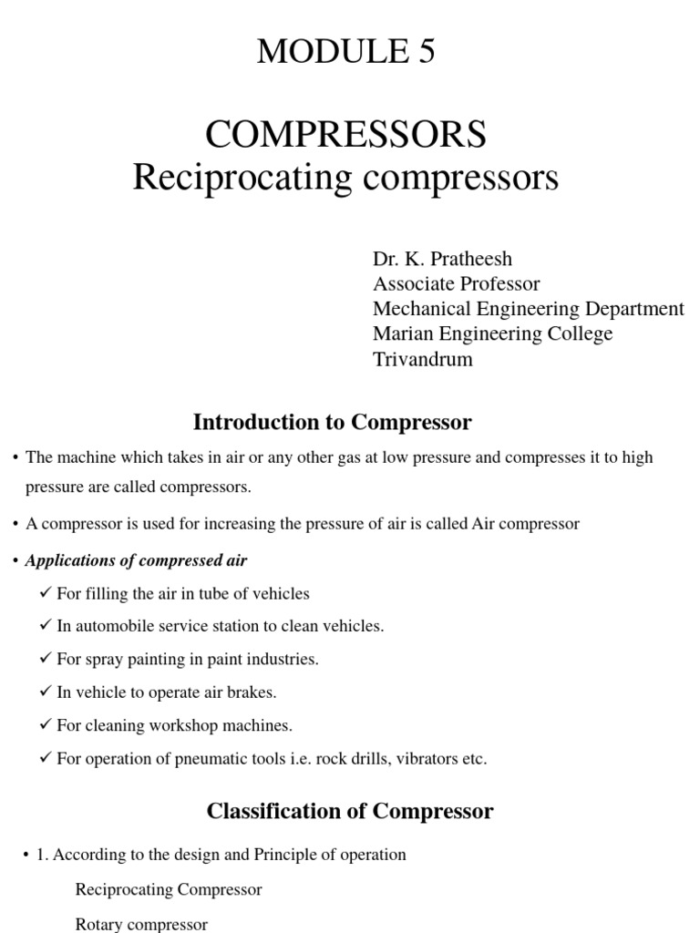 MODULE 5-COMPRESSORS Reciprocating Compressors | PDF | Piston | Energy ... MODULE 5-COMPRESSORS Reciprocating Compressors | PDF | Piston | Energy ...