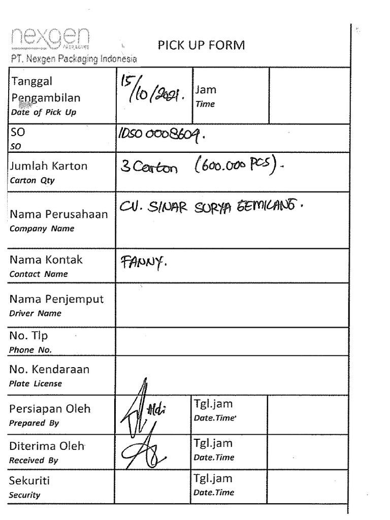 Pickup Form | PDF