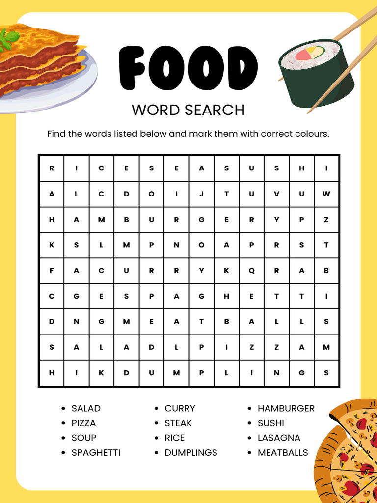 Food Yellow White English Word Search Worksheet | PDF