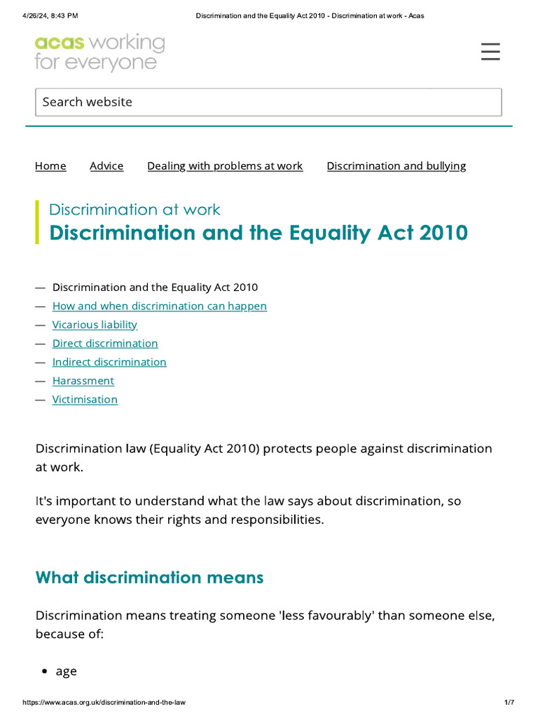 Discrimination and The Equality Act 2010 - Discrimination at Work ...