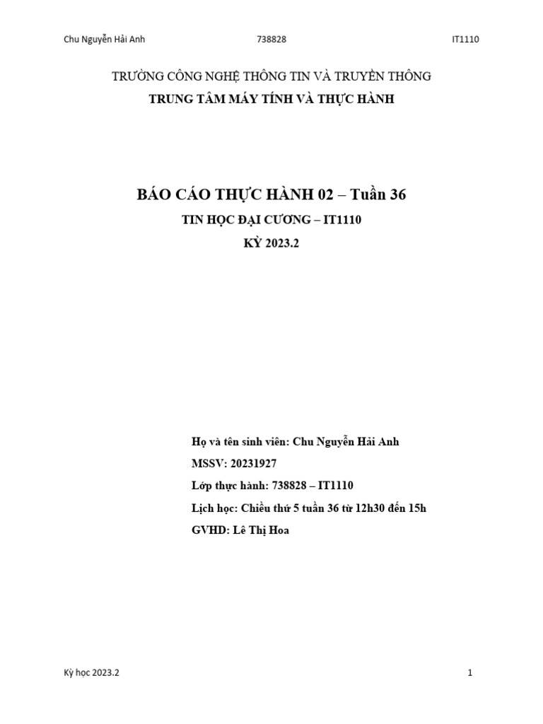 TH02 BaoCao ThucHanh IT1110 2023.2 | PDF