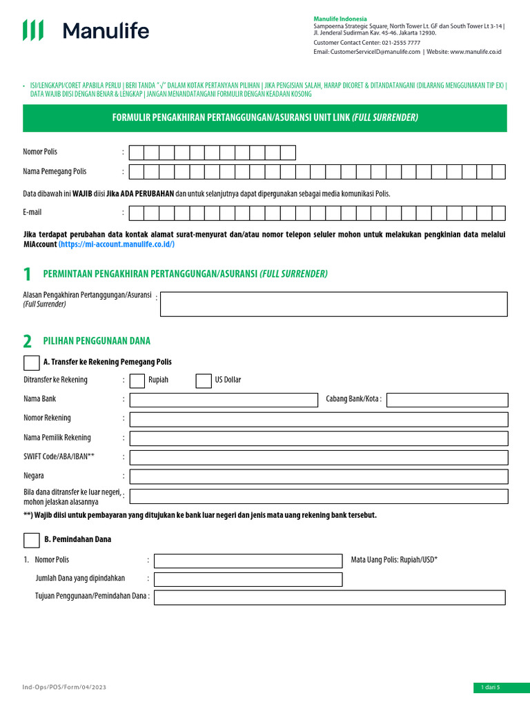 Formulir Pengakhiran Pertanggungan Asuransi Unit Link (Full Surrender) | PDF