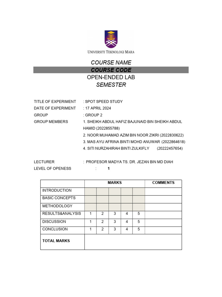 Ecg563 - Spot Speed - Lab Report - Level1 - Group2 | PDF | Traffic | Speed