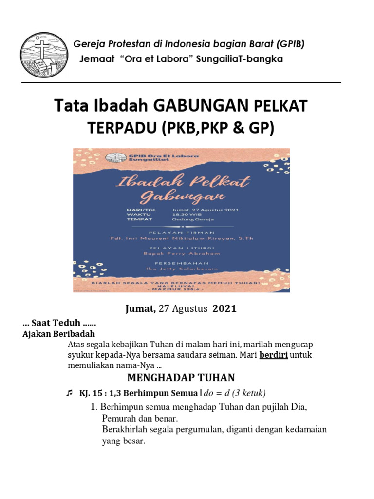 Tata Ibadah Pelkat - Pelkat GP, PKP, GP GPIB | PDF | Agama & Spiritualitas